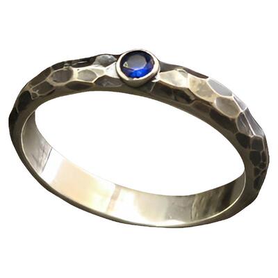 天然蓝宝石镶嵌锤击纯银戒指纯银