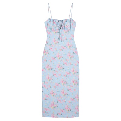 Floral pleated halter maxi dress碎花褶皱露背系带吊带连衣长裙