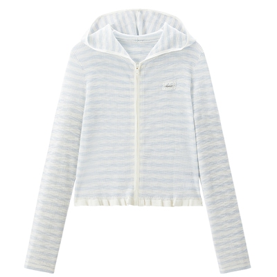 【商场同款】乐町蓝白条纹连帽开衫女干爽花边毛针织衫C1EDF3221