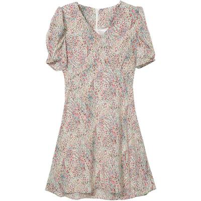 Oece夏装新款女装 浪漫法式复古甜美V领收腰修身碎花连衣裙