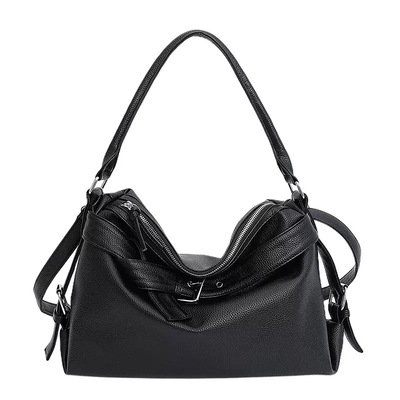 美式复古黑色软皮托特包