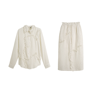 有耳uare木耳边波点长袖衬衫套装