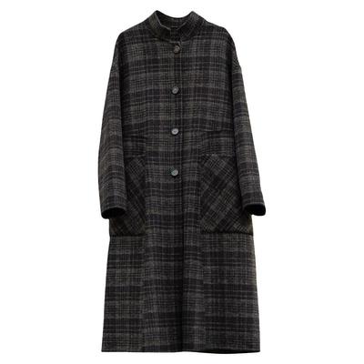 复古咖色格子羊绒长款毛呢外套