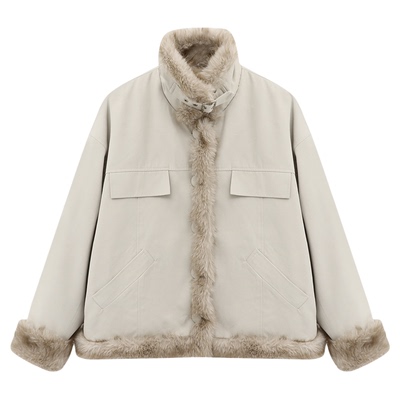 Basic House/百家好甜美减龄毛毛外套女2025冬新款两面穿加厚外套