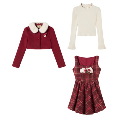织物猪 限定圣诞 甜美红色格纹花苞裙女冬季蝴蝶结设计三件套穿搭