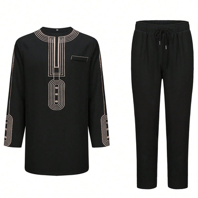 阿拉伯民族风刺绣男士套装长袖两件套传统服饰黑色African Outfit