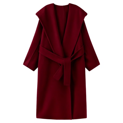 高级感红色宽松连帽双面羊毛大衣