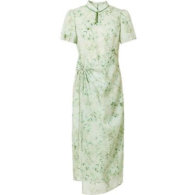 红袖新中式国风收腰立领连衣裙hopeshow2024夏新款镂空气质休闲裙