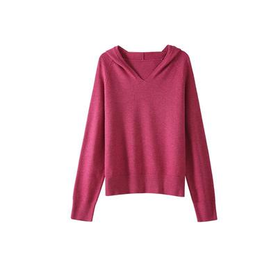 OSA玫红色慵懒软糯v领连帽针织衫