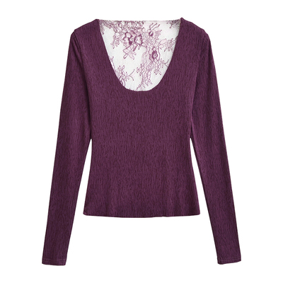 后背蕾丝拼接镂空长袖T恤上衣