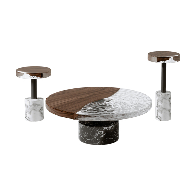 茶几圆形实木大理石客厅家用