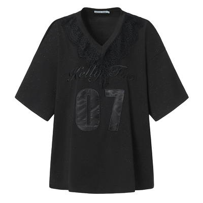 黑色蕾丝V领T恤女修身显瘦