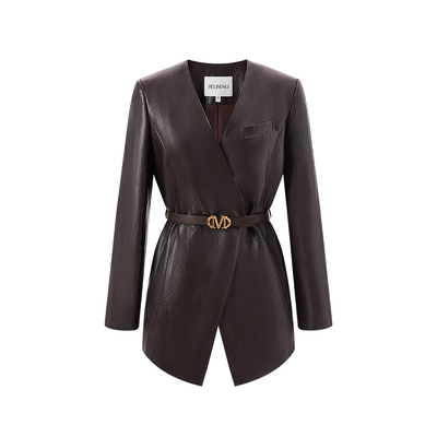 MELINDA LI【奶油高定】复古老钱金属丝蛋白皮无领西装皮衣外套