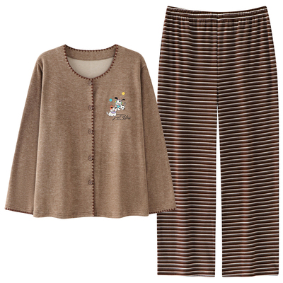 德绒女士睡衣条纹长袖高级感套装