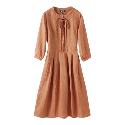 春夏亚麻收腰显瘦长袖连衣裙