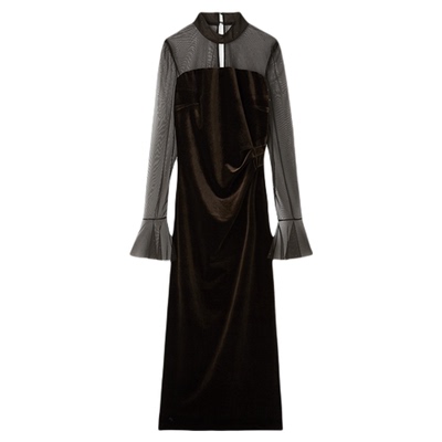 SNIDEL2025秋冬新品气质薄纱透视丝绒长袖收腰连衣裙SWFO255093