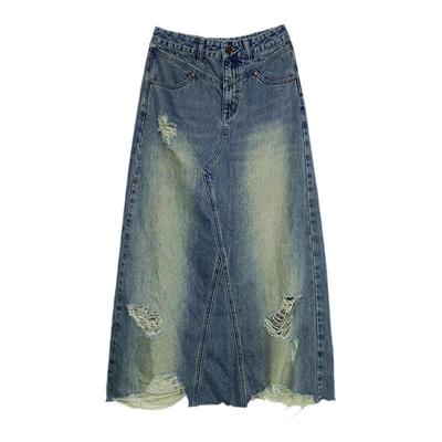 TGP高腰洗水破长款牛仔裙