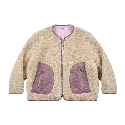 GOODBAI 916 slogan做旧印花拼接oversize圆领仿羊羔绒外套