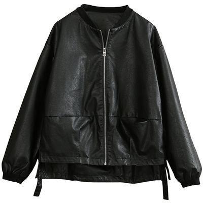 早春休闲不规则皮衣夹克短外套女