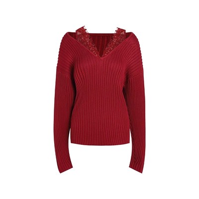 【张艺凡同款】CNLEEWEI25秋季宽松坑条V领拼接蕾丝羊毛针织上衣