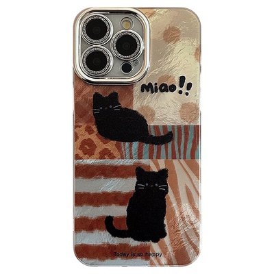 镜头膜retro Leopard-print black cat case适用iphone11 12 13 14 15 plus 16 pro max 17 air