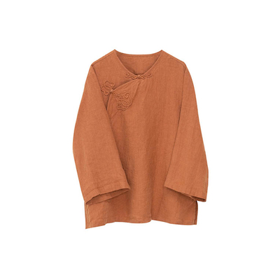 大拙松弛感穿搭新中式改良洗旧亚麻精致蝴蝶扣宽松长袖衬衫W090