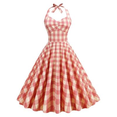 复古年代感大摆格子挂脖连衣裙