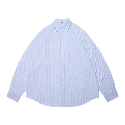 HMN Studio日系蓝条纹衬衫男春秋新款潮流校园风宽松休闲长袖衬衣