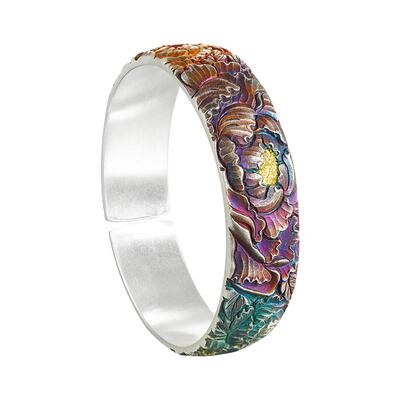 足银999金银错彩色牡丹开口手镯