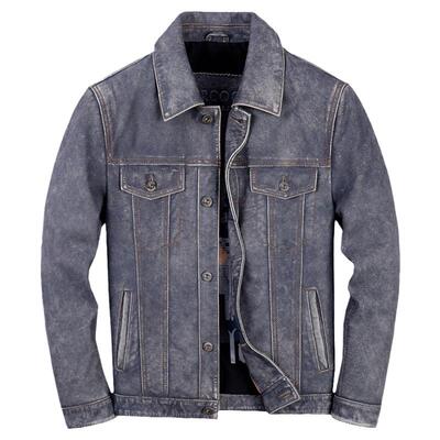 PERCOOL时尚风牛皮翻领真皮皮衣