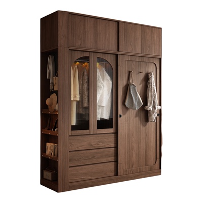 木兜家具山影衣柜黑胡桃色中古风复古推拉门衣柜卧室家用实木衣橱