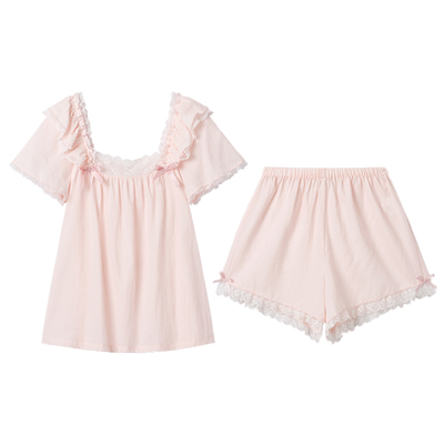 RoseTree柔纱花边领纯棉短袖短裤