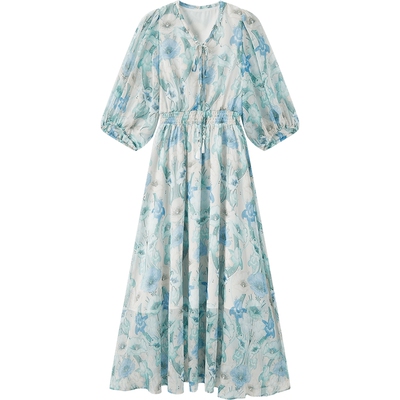 爱居兔夏季清爽蓝绿色薄透时尚中袖连衣裙