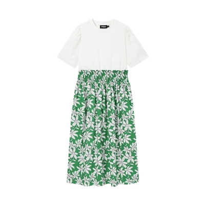 Desigual高腰拼接橡筋收腰印花圆领薄荷曼波连衣裙长裙