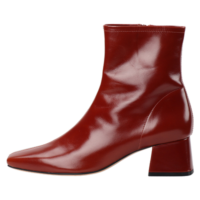 酒红色法式瘦瘦靴子手工真皮短靴