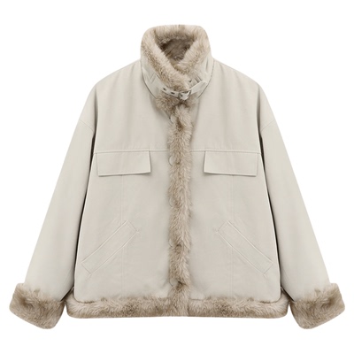 Basic House/百家好两面穿皮毛一体女冬季小个子加厚立领短款外套