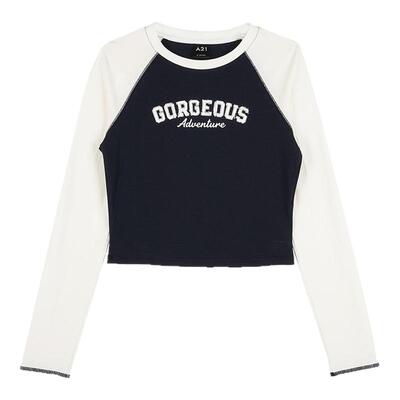 A21女装美式撞色设计感秋季上衣新款休闲针织显瘦圆领插肩长袖T恤