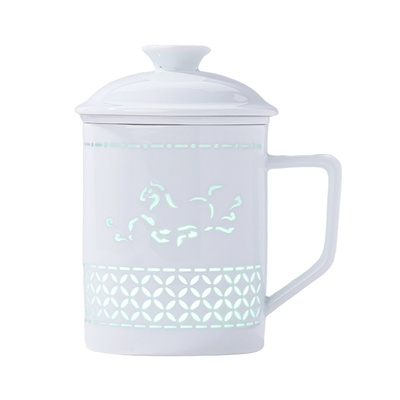 景德镇官方陶瓷玲珑茶漏杯马到成功马克杯带盖水杯办公杯马年送礼