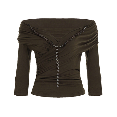 WEEKEEP 纯色辣妹性感交叉V领串珠装饰褶皱七分袖上衣百搭修身T恤