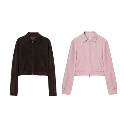 LE.SHERO【沈梦辰/胡杏儿同款】原创翻领短款反绒羊皮外套女皮衣