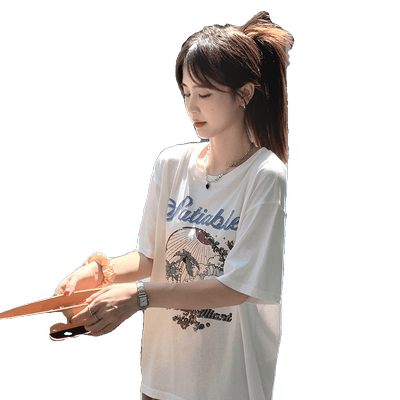 唐狮竹节棉透气短袖T恤女新款夏季宽松白色上衣女设计感sz