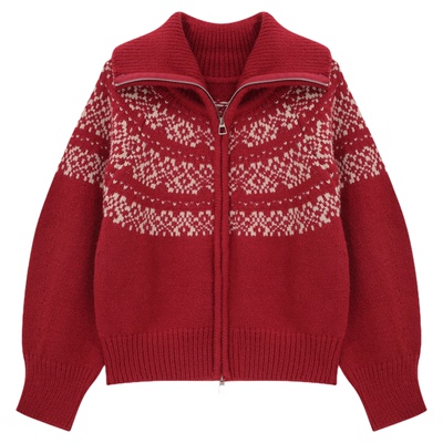 Basic House/百家好费尔岛红色毛衣女款冬季新款复古毛衫开衫外套