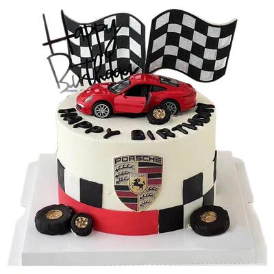 红色跑车蛋糕装饰汽车赛车旗子