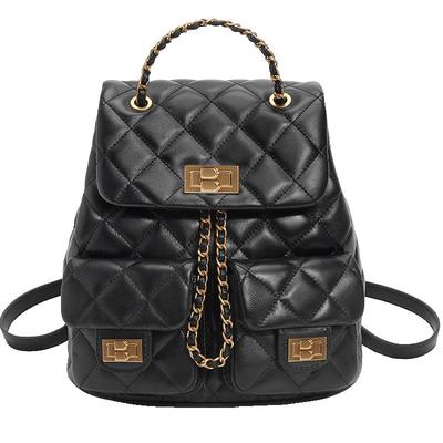 百丽真皮菱格小香风双肩包