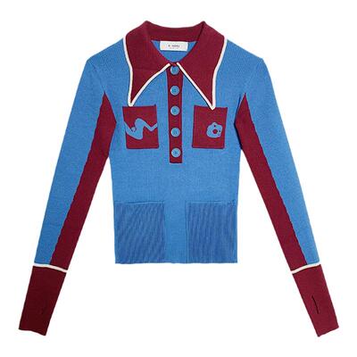 地衣蓝葡紫波浪领主题提花针织衫