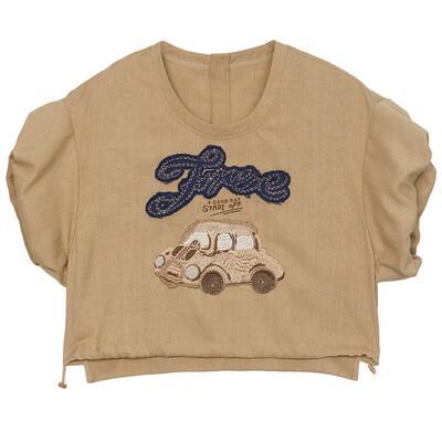 谜底短款上衣女夏季新品复古绣花圆领泡泡袖T恤短袖242MS0595