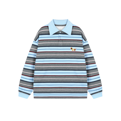 美式小狗条纹撞色宽松卫衣POLO衫