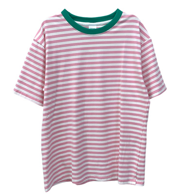 粉色条纹撞色圆领纯棉短袖t恤INS