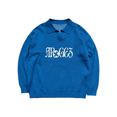 APOGE3宝蓝针织衫翻领宽松毛衣