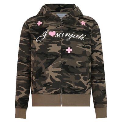 SANJATI 25FW  美式复古迷彩刺绣闪粉LOGO拉链短款卫衣